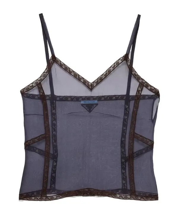 Prada Organza Intarsia V-neck Top - Navy Blue