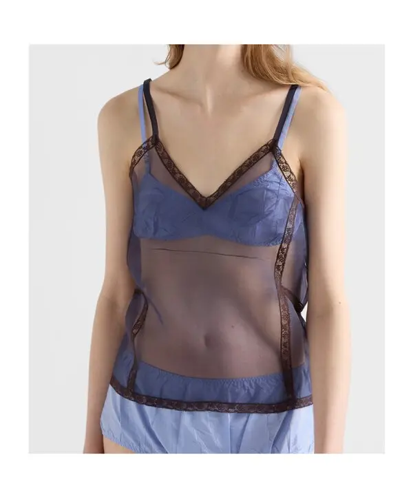 Prada Organza Intarsia V-neck Top - Navy Blue