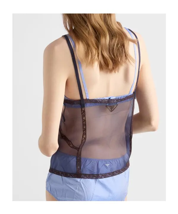 Prada Organza Intarsia V-neck Top - Navy Blue