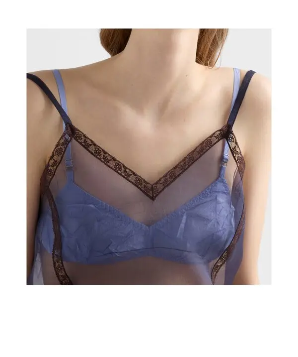 Prada Organza Intarsia V-neck Top - Navy Blue