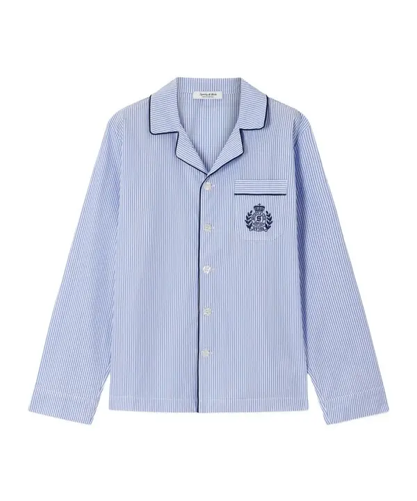 SPORTY  RICH Sporty & Rich Embroidered Striped Cotton-poplin Pajama Shirt - Blue