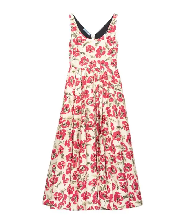 Prada Sleeveless Floral Print Midi Dress With Scoop Neck And Back Zipper - Red