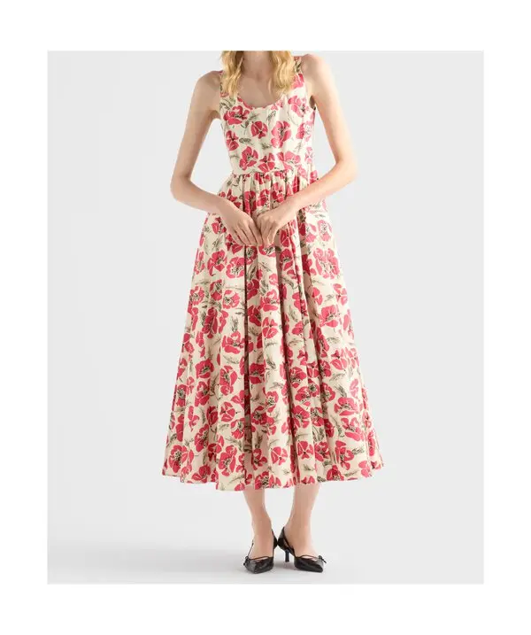 Prada Sleeveless Floral Print Midi Dress With Scoop Neck And Back Zipper