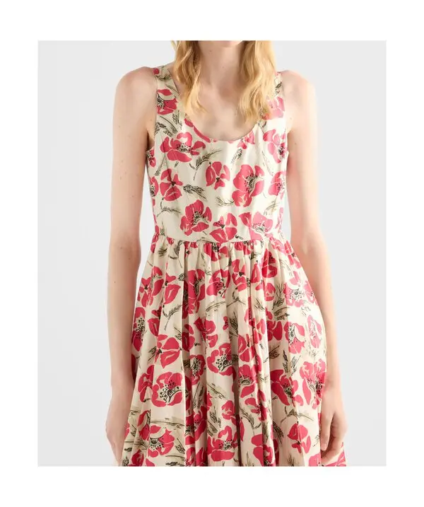 Prada Sleeveless Floral Print Midi Dress With Scoop Neck And Back Zipper