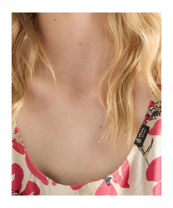 Prada Sleeveless Floral Print Midi Dress With Scoop Neck And Back Zipper