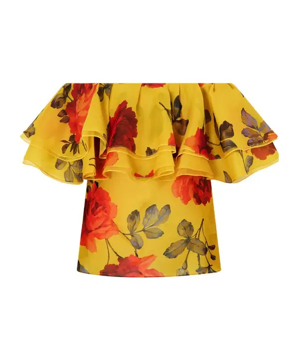 Carolina Herrera Off-the-shoulder Ruffled Floral-print Silk-organza Top - Yellow