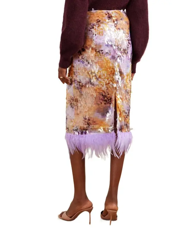 Staud Sequin Midi Skirt With Feather Trim
