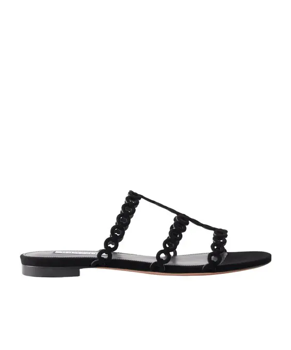 AQUAZZURA Chain Perforated Suede Flats - Black