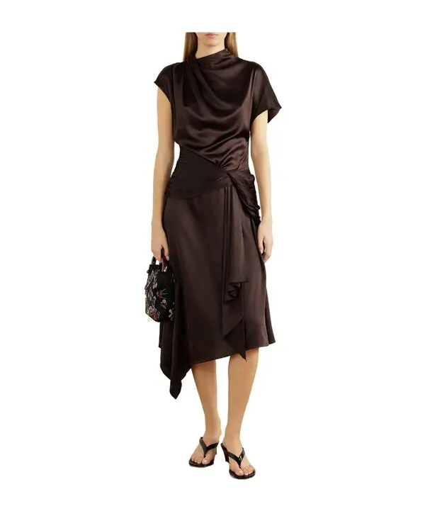 Staud Gathered Silk-blend Satin Midi Dress