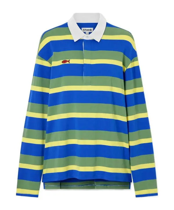 Staud Gavin Striped Embroidered Polo Shirt - Blue