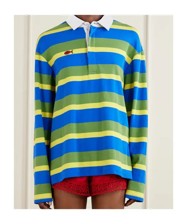 Staud Gavin Striped Embroidered Polo Shirt