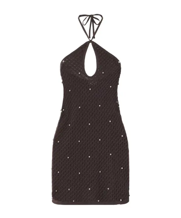 Staud Dark Brown Crochet Halterneck Mini Dress With Rhinestones
