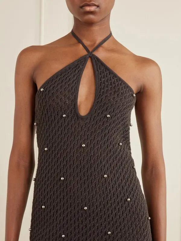 Staud Dark Brown Crochet Halterneck Mini Dress With Rhinestones