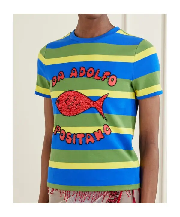 Staud Striped Print T-shirt With Embellished Fish Motif