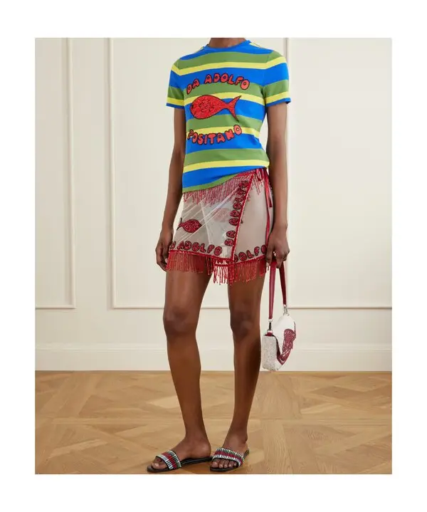 Staud Striped Print T-shirt With Embellished Fish Motif