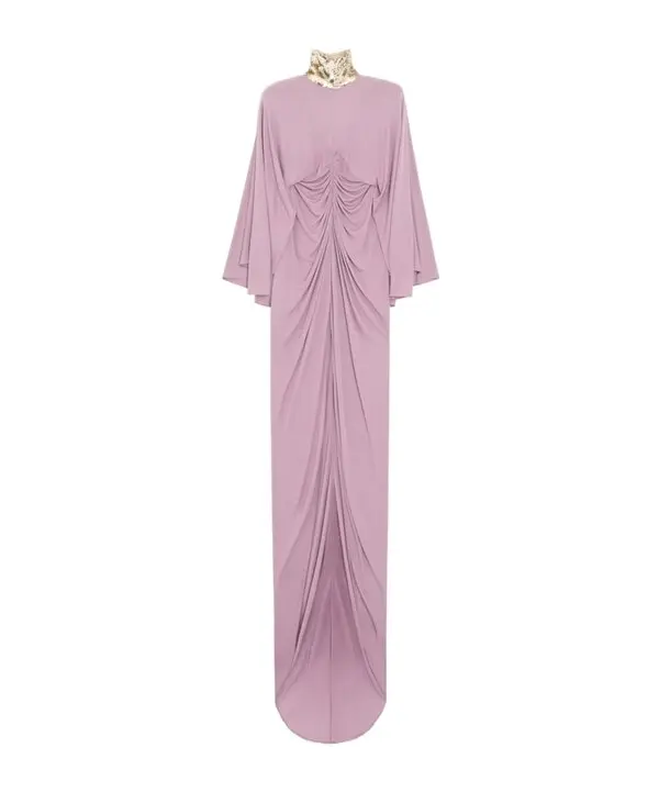 Valentino Garavani Long Sleeve Draped Dress With Embellished Neckline - Pink