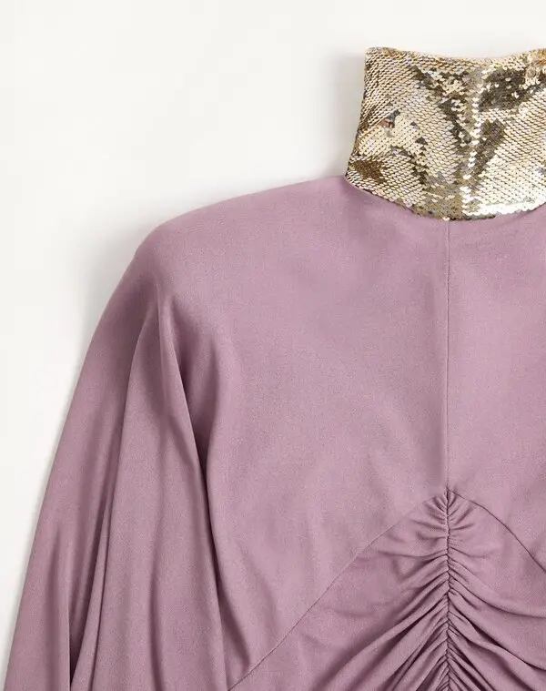 Valentino Garavani Long Sleeve Draped Dress With Embellished Neckline