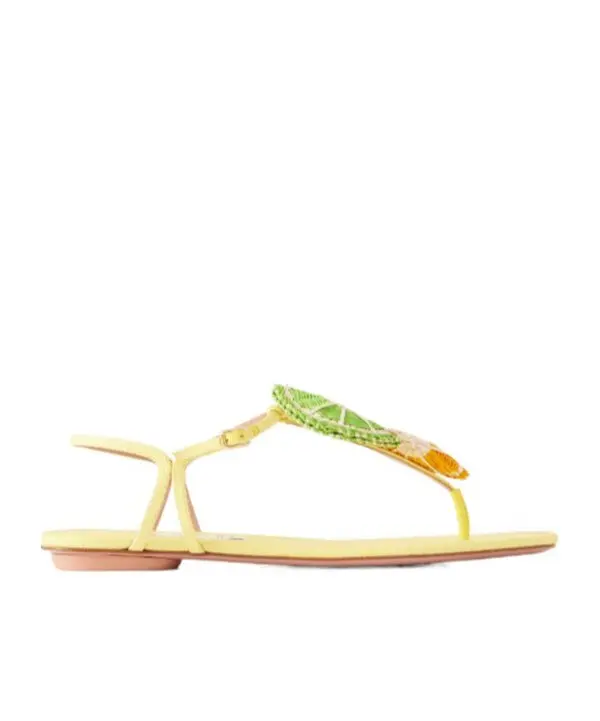 AQUAZZURA Embellished Raffia-effect Thong Sandals - Yellow