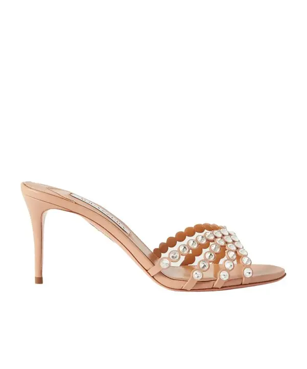 AQUAZZURA Embellished Leather Mules - Nude