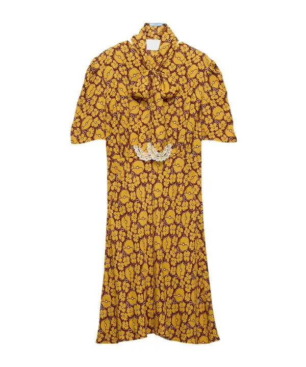Prada Embroidered Floral Print Sablé Dress - Mustard