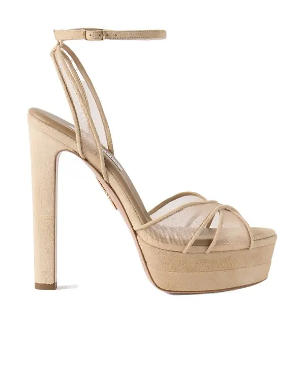 AQUAZZURA Divine Plateau 130 Suede And Tulle Platform Sandals - Nude