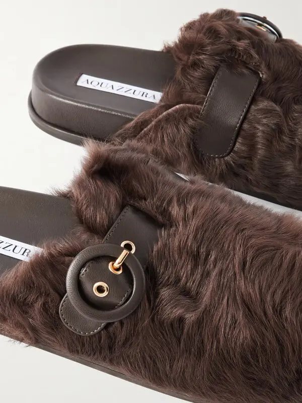 AQUAZZURA Leather-trimmed Shearling Slip-ons
