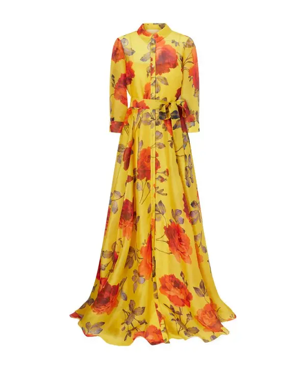 Carolina Herrera Floral Print Silk Organza Maxi Dress - Yellow
