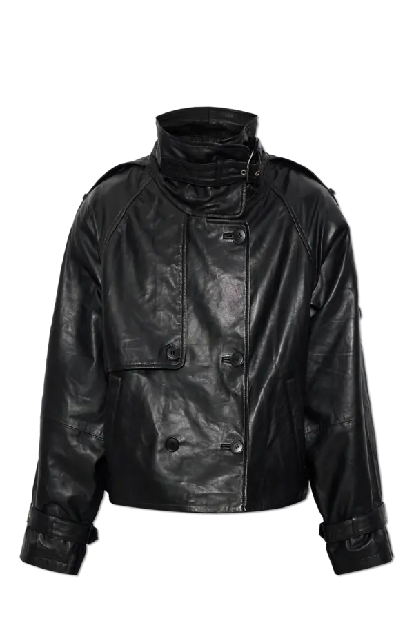 GESTUZ Gzavic Leather Jacket With High Neck And Buckle Detail - Black