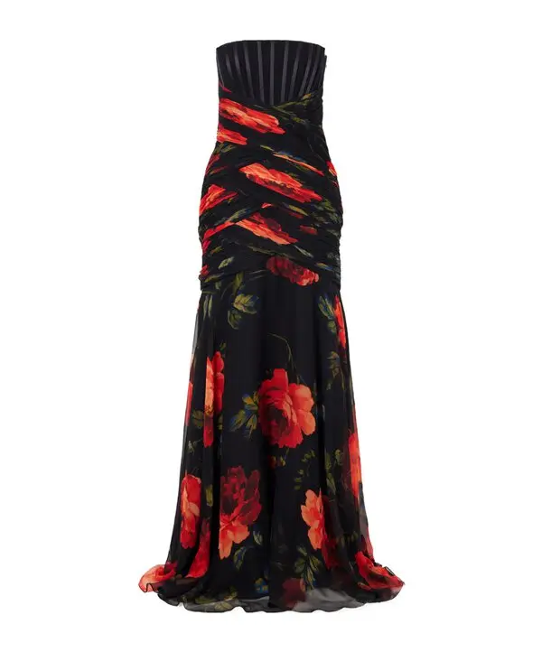 Carolina Herrera Strapless Ruched Floral-printed Silk-chiffon Gown - Black