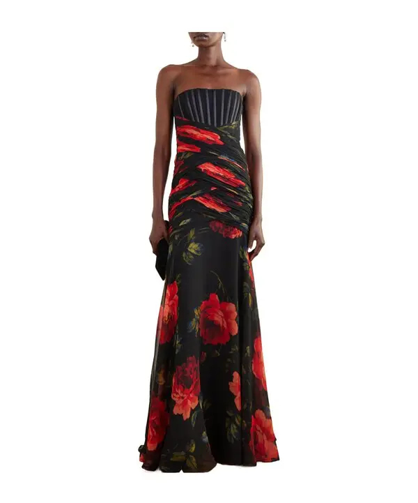 Carolina Herrera Strapless Ruched Floral-printed Silk-chiffon Gown