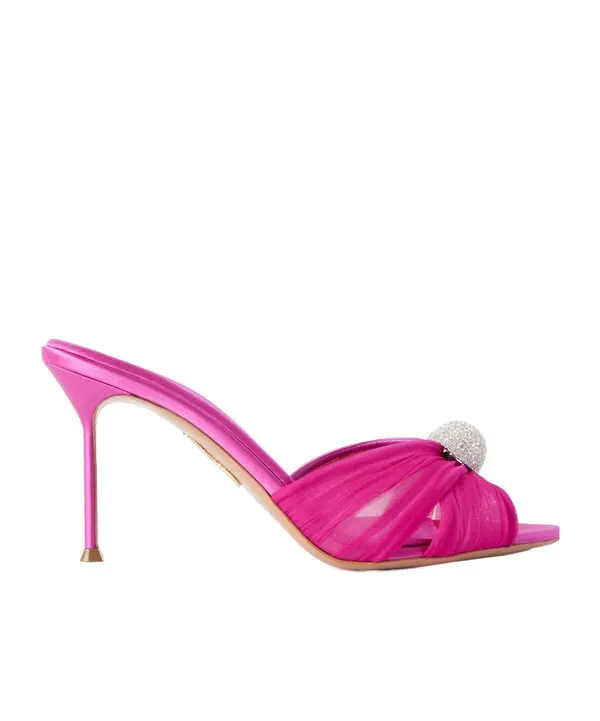 AQUAZZURA Crystal-embellished Leather-trimmed Chiffon Mules - Pink