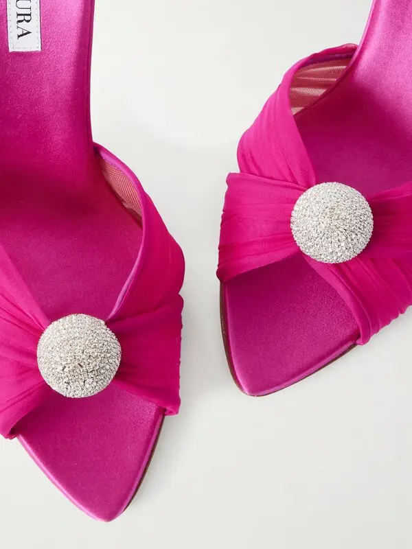 AQUAZZURA Crystal-embellished Leather-trimmed Chiffon Mules