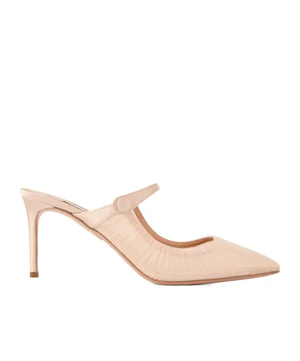 AQUAZZURA Pleated Satin-trimmed Tulle Mules