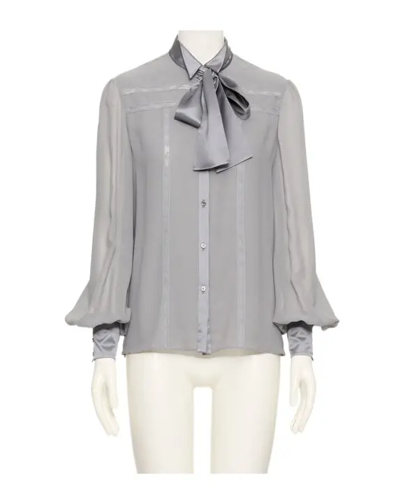 Valentino Garavani Long Sleeve Bow Collar Blouse - Gray