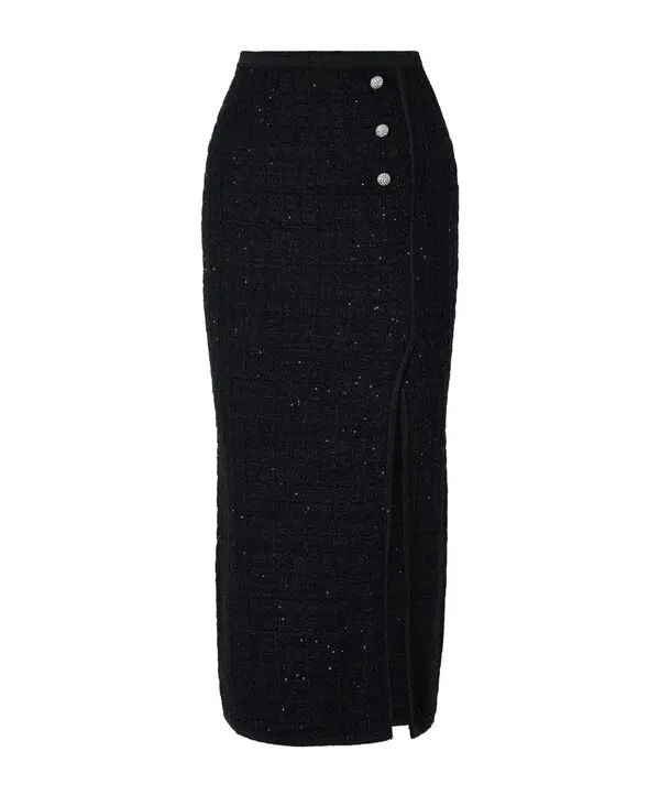 Alessandra Rich Sequined Midi Skirt With Crystal Buttons - Black
