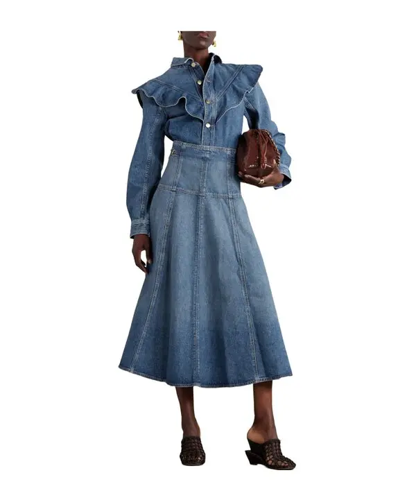 Ulla Johnson Embellished Paneled Denim Midi Skirt