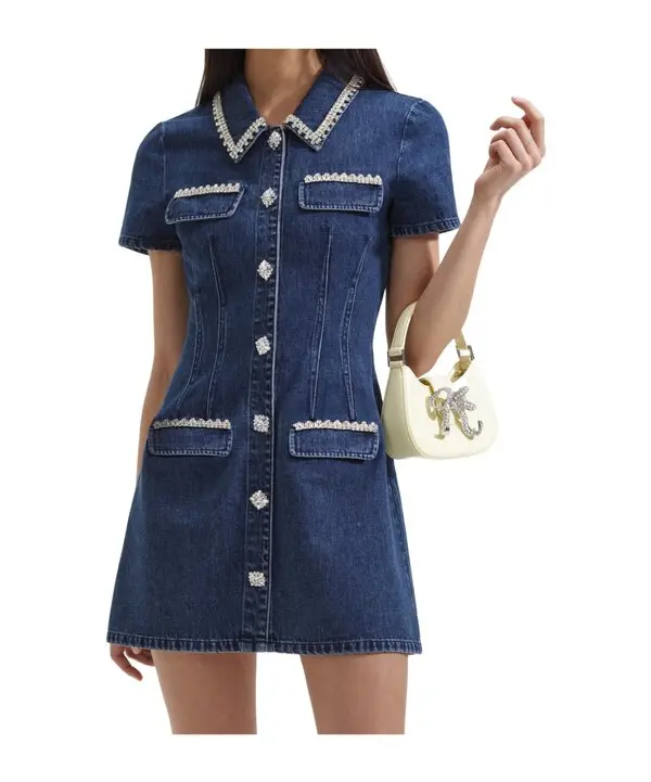 SELF-PORTRAIT Denim Collared Mini Dress - Blue