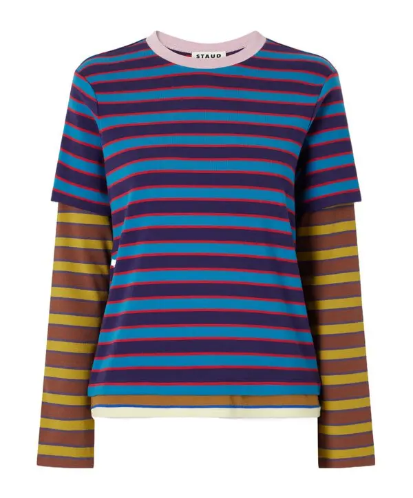 Staud Striped Cotton-jersey T-shirt - Blue