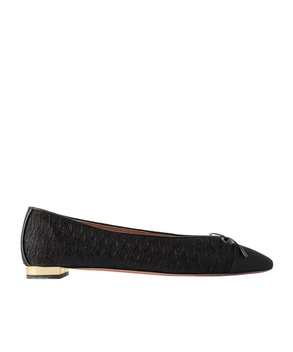 AQUAZZURA Gioia Bow-detailed Grosgrain And Leather-trimmed Crocheted Ballet Flats - Black