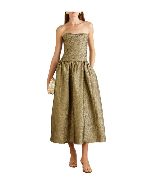 Ulla Johnson Lumina Strapless Gathered Crinkled Taffeta Midi Dress