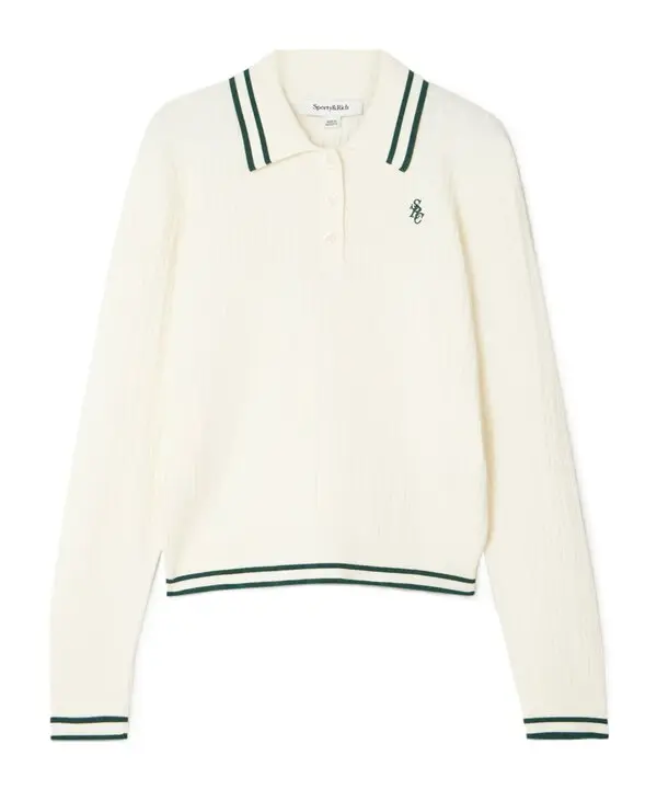 SPORTY  RICH Sporty & Rich Striped Cable-knit Polo Sweater