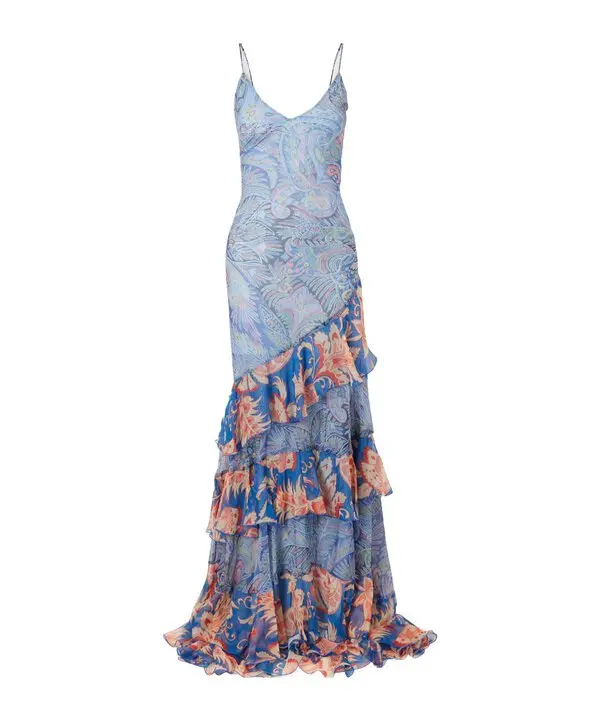 Etro Ruffled Tiered Paisley And Floral-print Silk-chiffon Maxi Dress - Blue
