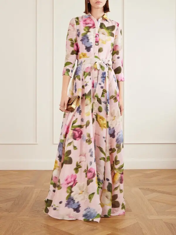 Carolina Herrera Floral Print Linen Silk Maxi Dress