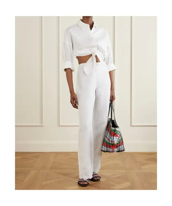 Staud Oscar Embroidered Straight Leg Linen Pants