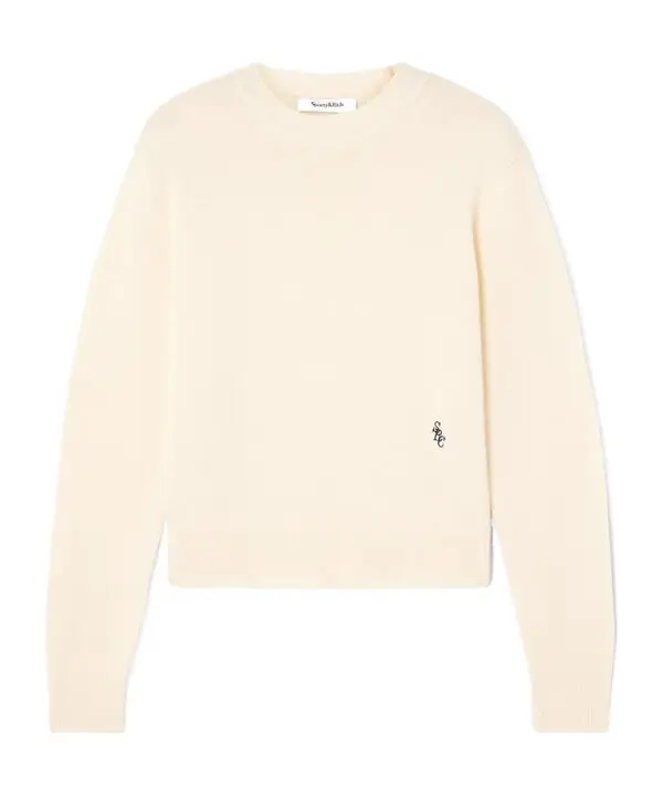 SPORTY  RICH Src Short Embroidered Cashmere And Wool Blend Sweater - Beige