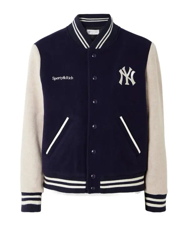 SPORTY  RICH Sporty & Rich Embroidered Wool Felt Bomber Jacket - Black