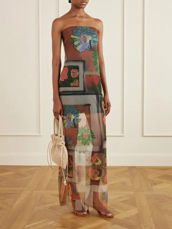 Staud Floral Collage Strapless Midi Dress
