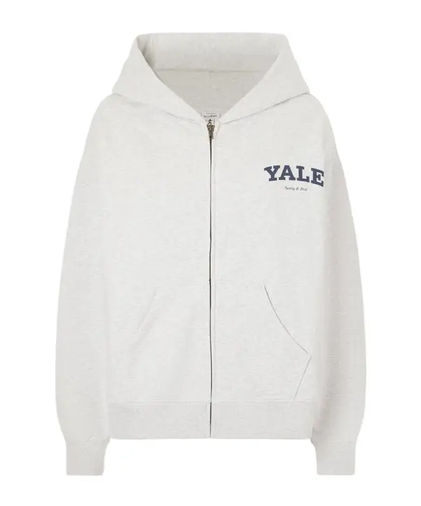 SPORTY  RICH Printed Zip-up Hooded Sweatshirt - Light Gray