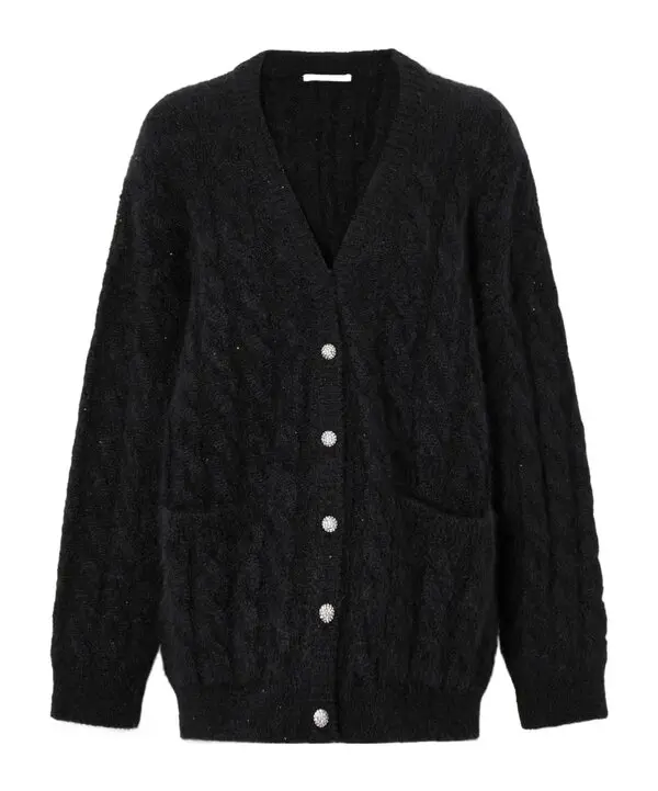 Alessandra Rich Sequin-embellished Cable-knit Cardigan - Black
