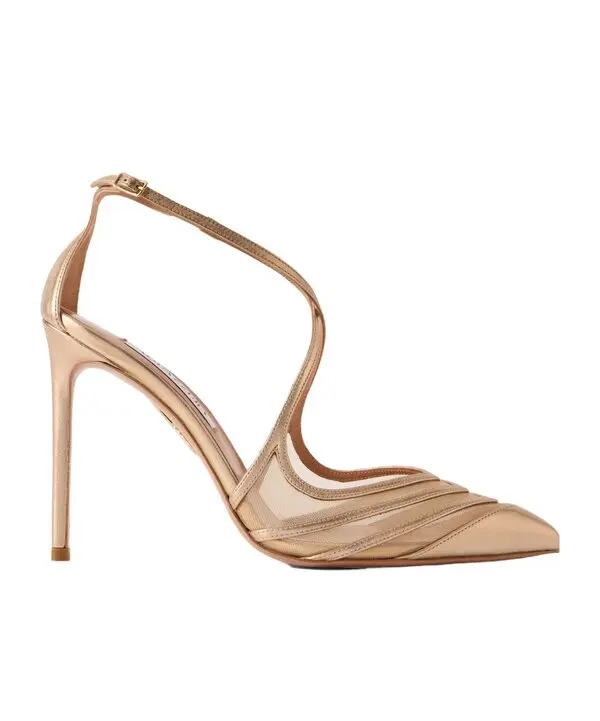 AQUAZZURA Alana 105 Metallic Leather And Mesh Pumps - Nude